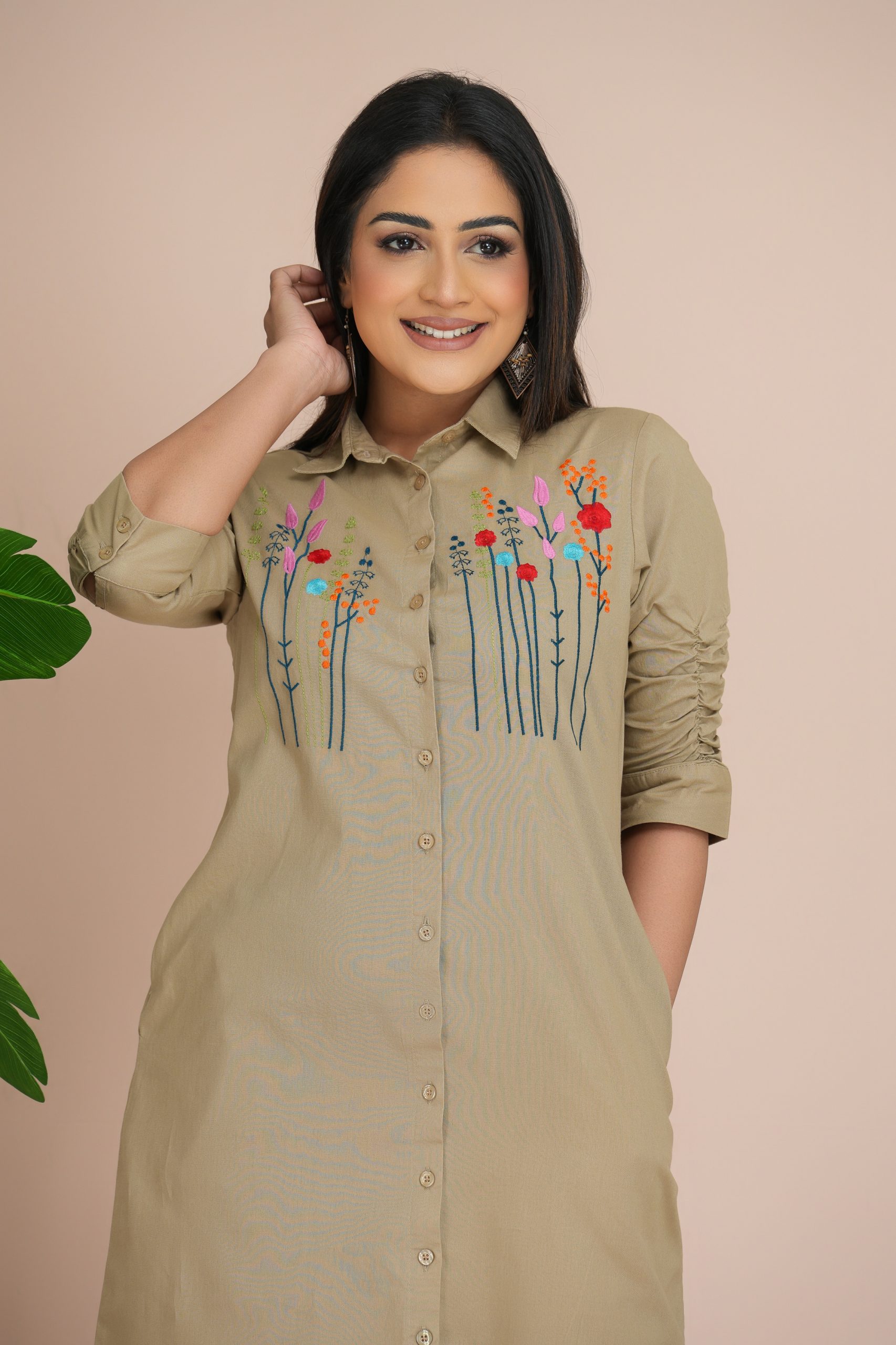 Floral Embroidered Button Up Shirt Dress - La Vivente